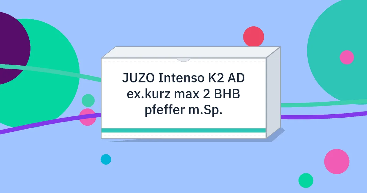 Symbolbild: Packung mit der Aufschrift JUZO Intenso K2 AD ex.kurz max 2 BHB pfeffer m.Sp. (PZN 18613714) – Verfügbarkeit und Bezug in Apotheken in Frankfurt am Main