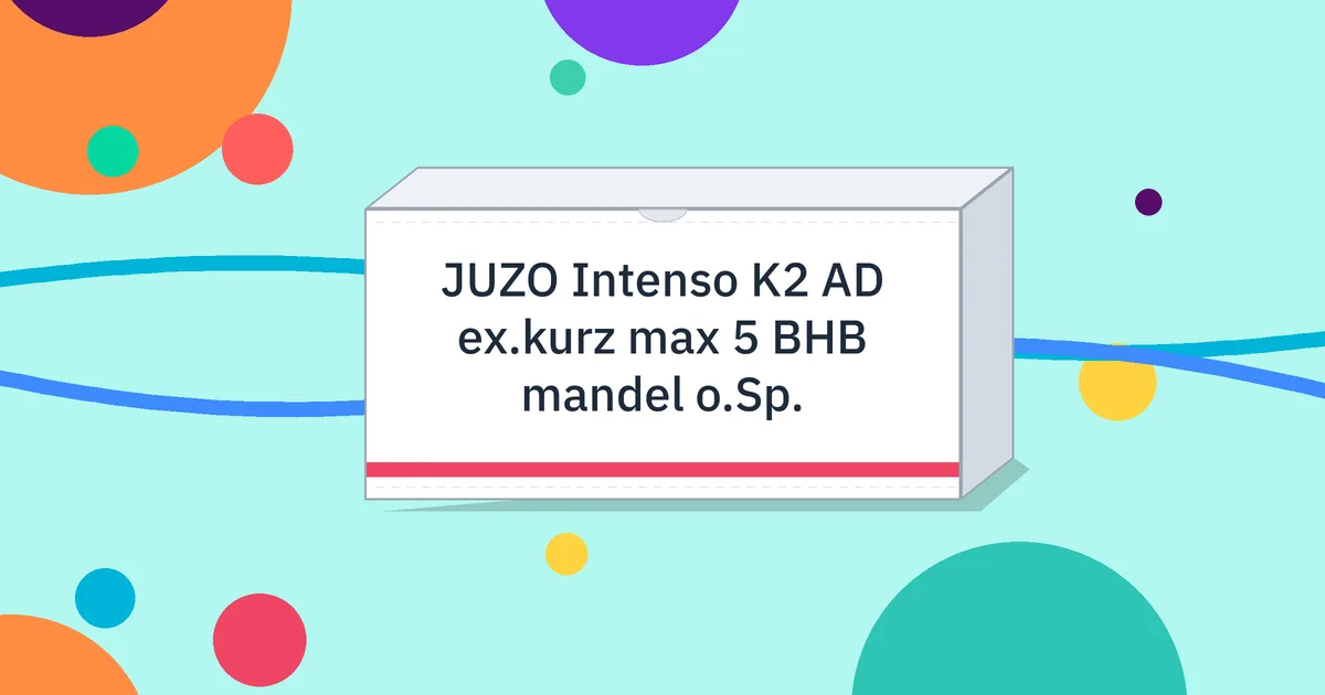 Symbolbild: Packung mit der Aufschrift JUZO Intenso K2 AD ex.kurz max 5 BHB mandel o.Sp. (PZN 18624617) – Verfügbarkeit und Bezug in Apotheken in Frankfurt am Main