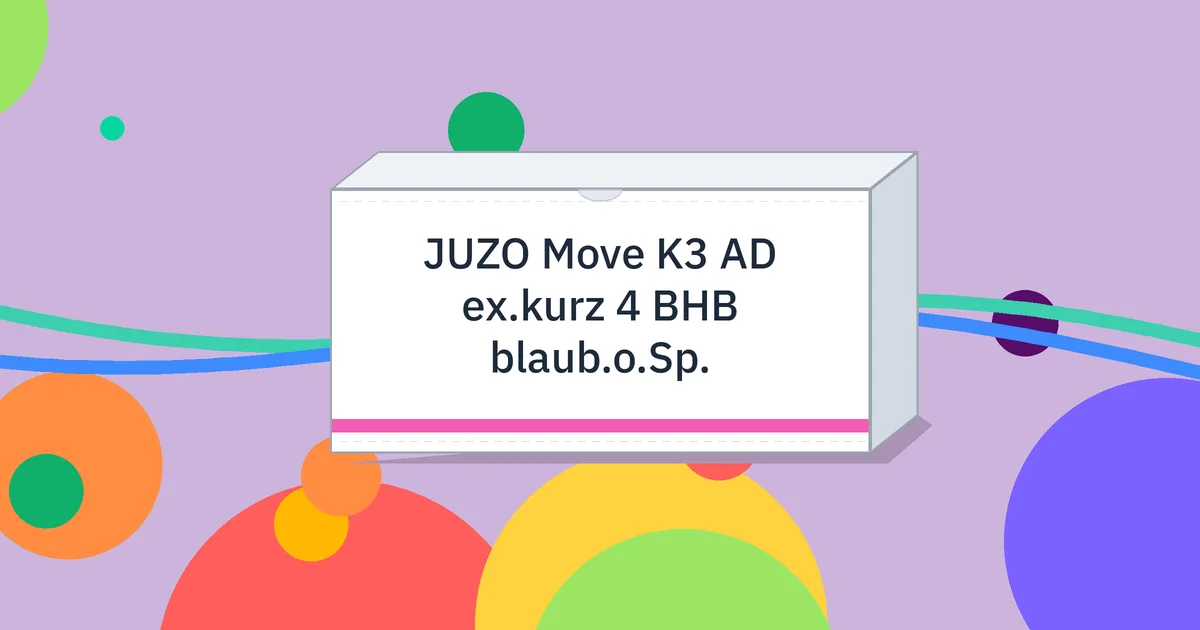 Symbolbild: Packung mit der Aufschrift JUZO Move K3 AD ex.kurz 4 BHB blaub.o.Sp. (PZN 18574262) – Verfügbarkeit und Bezug in Apotheken in Frankfurt am Main