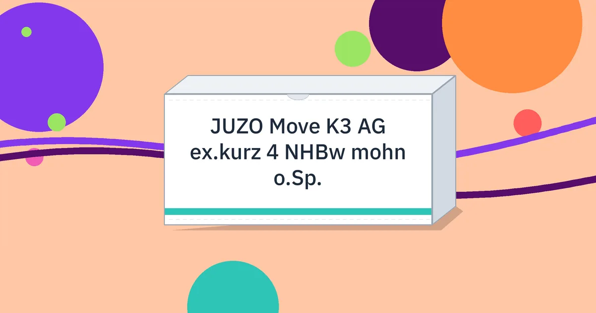 Symbolbild: Packung mit der Aufschrift JUZO Move K3 AG ex.kurz 4 NHBw mohn o.Sp. (PZN 18596341) – Verfügbarkeit und Bezug in Apotheken in Frankfurt am Main