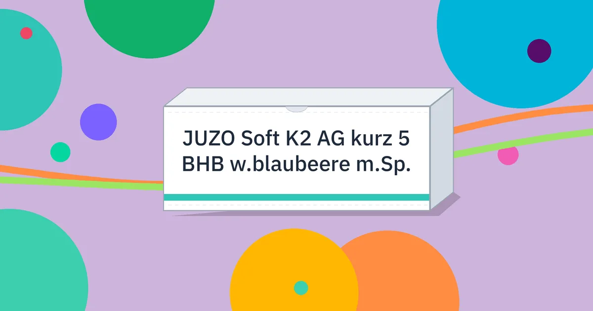 Symbolbild: Packung mit der Aufschrift JUZO Soft K2 AG kurz 5 BHB w.blaubeere m.Sp. (PZN 14842197) – Verfügbarkeit und Bezug in Apotheken in Frankfurt am Main