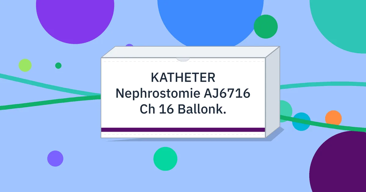 Symbolbild: Packung mit der Aufschrift KATHETER Nephrostomie AJ6716 Ch 16 Ballonk. (PZN 00155085) – Verfügbarkeit und Bezug in Apotheken in Frankfurt am Main