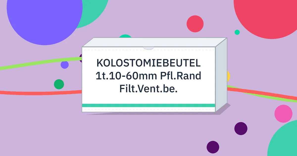 Symbolbild: Packung mit der Aufschrift KOLOSTOMIEBEUTEL 1t.10-60mm Pfl.Rand Filt.Vent.be. (PZN 13702057) – Verfügbarkeit und Bezug in Apotheken in Frankfurt am Main