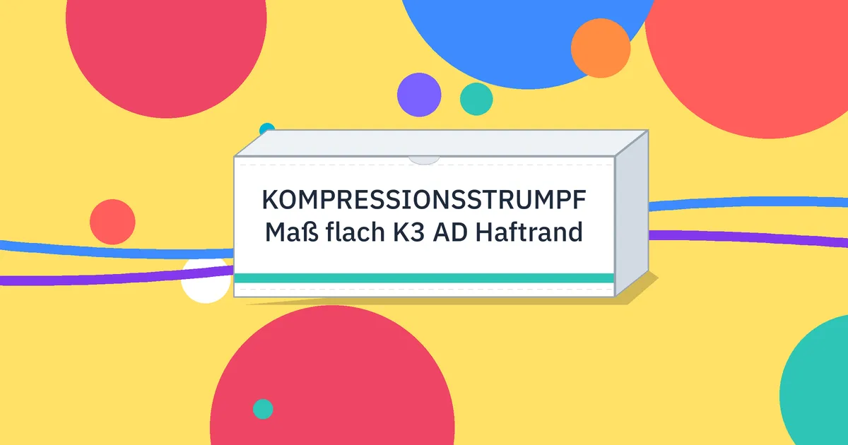 Symbolbild: Packung mit der Aufschrift KOMPRESSIONSSTRUMPF Maß flach K3 AD Haftrand (PZN 16745073) – Verfügbarkeit und Bezug in Apotheken in Frankfurt am Main