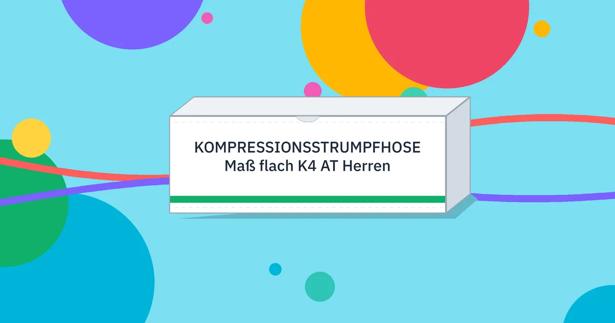 Symbolbild: Packung mit der Aufschrift KOMPRESSIONSSTRUMPFHOSE Maß flach K4 AT Herren (PZN 16745736) – Verfügbarkeit und Bezug in Apotheken in Frankfurt am Main