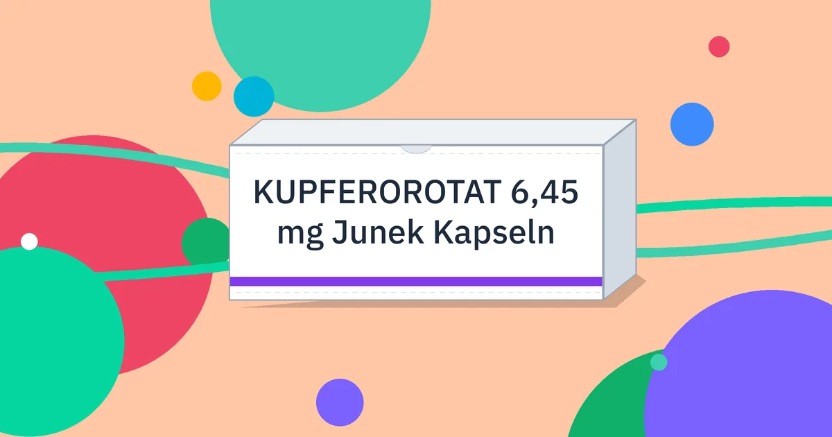 Symbolbild: Packung mit der Aufschrift KUPFEROROTAT 6,45 mg Junek Kapseln (PZN 11658607) – Verfügbarkeit und Bezug in Apotheken in Frankfurt am Main
