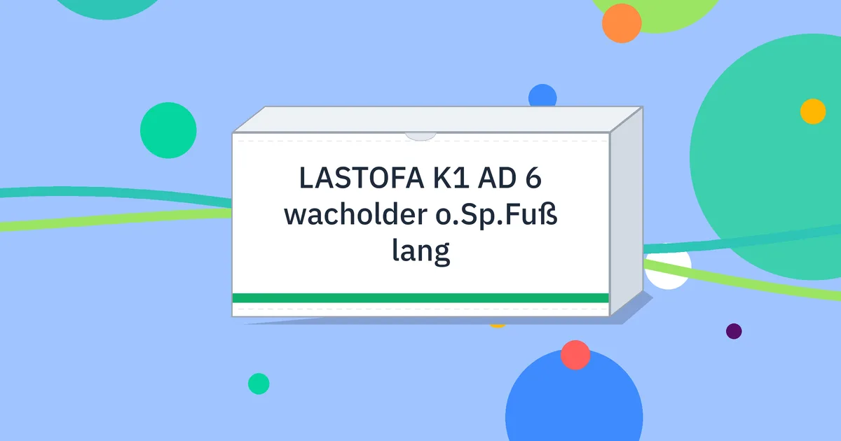 Symbolbild: Packung mit der Aufschrift LASTOFA K1 AD 6 wacholder o.Sp.Fuß lang (PZN 14146888) – Verfügbarkeit und Bezug in Apotheken in Frankfurt am Main