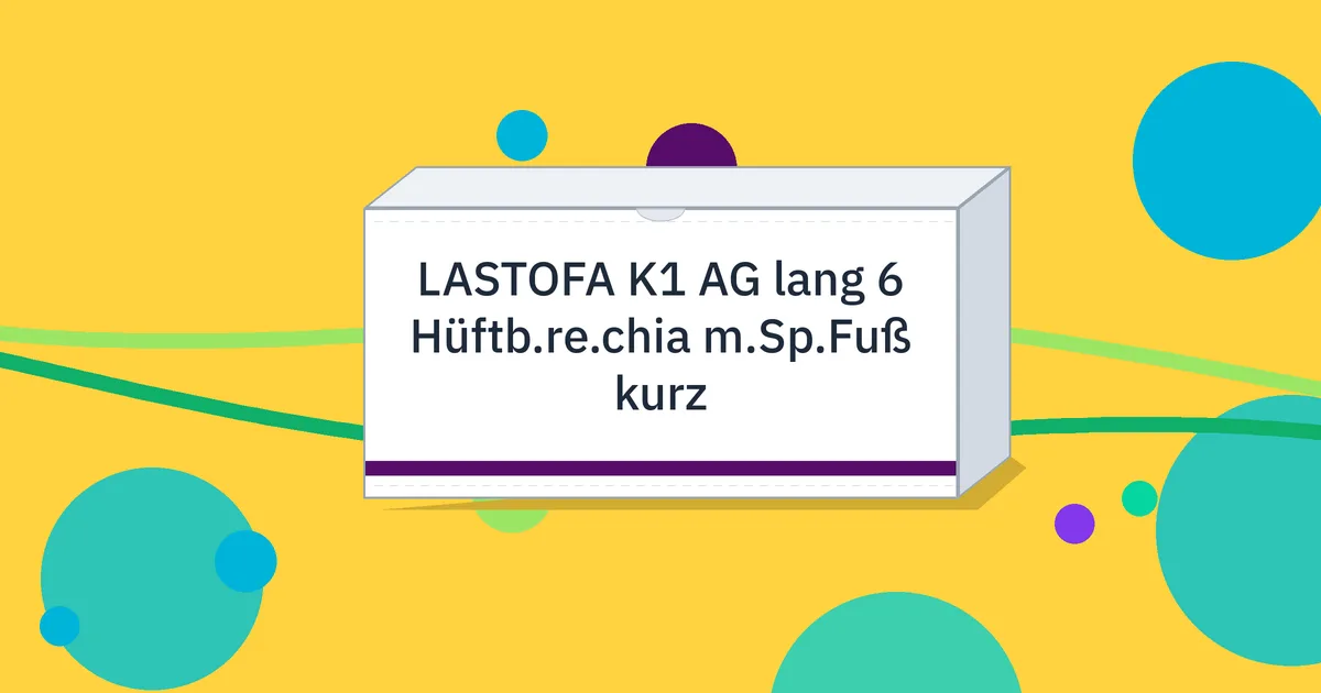 Symbolbild: Packung mit der Aufschrift LASTOFA K1 AG lang 6 Hüftb.re.chia m.Sp.Fuß kurz (PZN 13798991) – Verfügbarkeit und Bezug in Apotheken in Frankfurt am Main