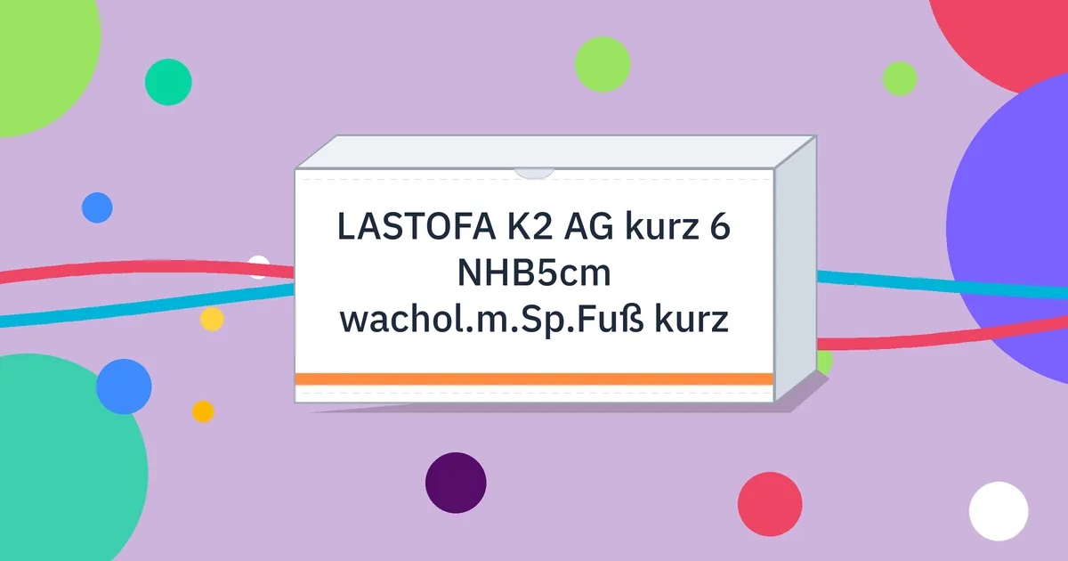 Symbolbild: Packung mit der Aufschrift LASTOFA K2 AG kurz 6 NHB5cm wachol.m.Sp.Fuß kurz (PZN 13807632) – Verfügbarkeit und Bezug in Apotheken in Frankfurt am Main