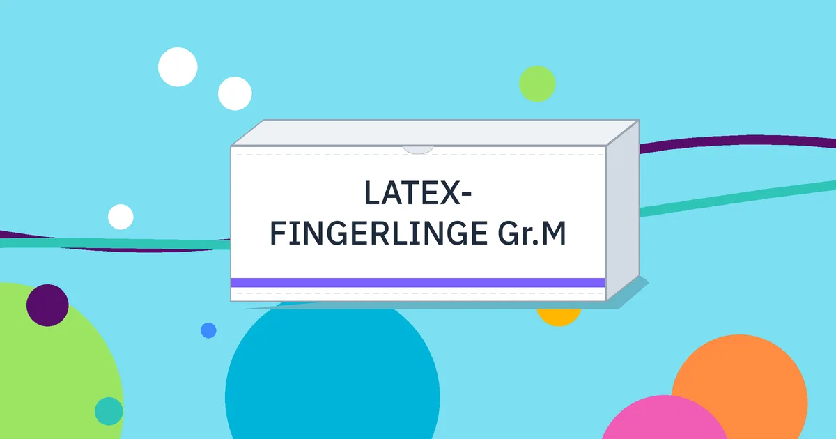Symbolbild: Packung mit der Aufschrift LATEX-FINGERLINGE Gr.M (PZN 13978316) – Verfügbarkeit und Bezug in Apotheken in Frankfurt am Main