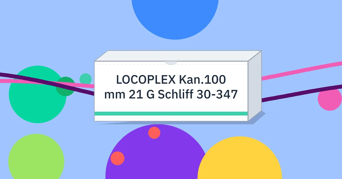 Symbolbild: Packung mit der Aufschrift LOCOPLEX Kan.100 mm 21 G Schliff 30-347 (PZN 00994555) – Verfügbarkeit und Bezug in Apotheken in Frankfurt am Main
