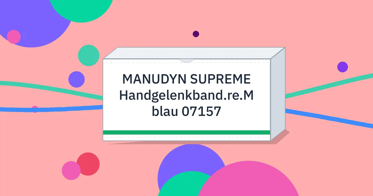Symbolbild: Packung mit der Aufschrift MANUDYN SUPREME Handgelenkband.re.M blau 07157 (PZN 16930994) – Verfügbarkeit und Bezug in Apotheken in Frankfurt am Main