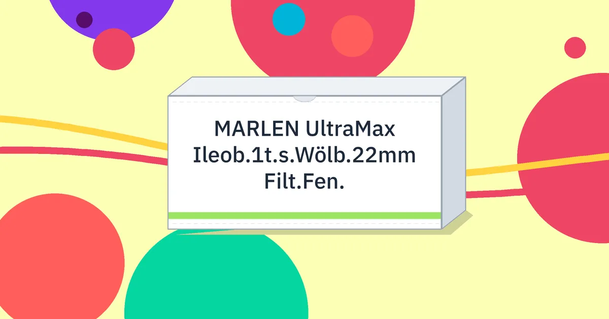 Symbolbild: Packung mit der Aufschrift MARLEN UltraMax Ileob.1t.s.Wölb.22mm Filt.Fen. (PZN 10741246) – Verfügbarkeit und Bezug in Apotheken in Frankfurt am Main