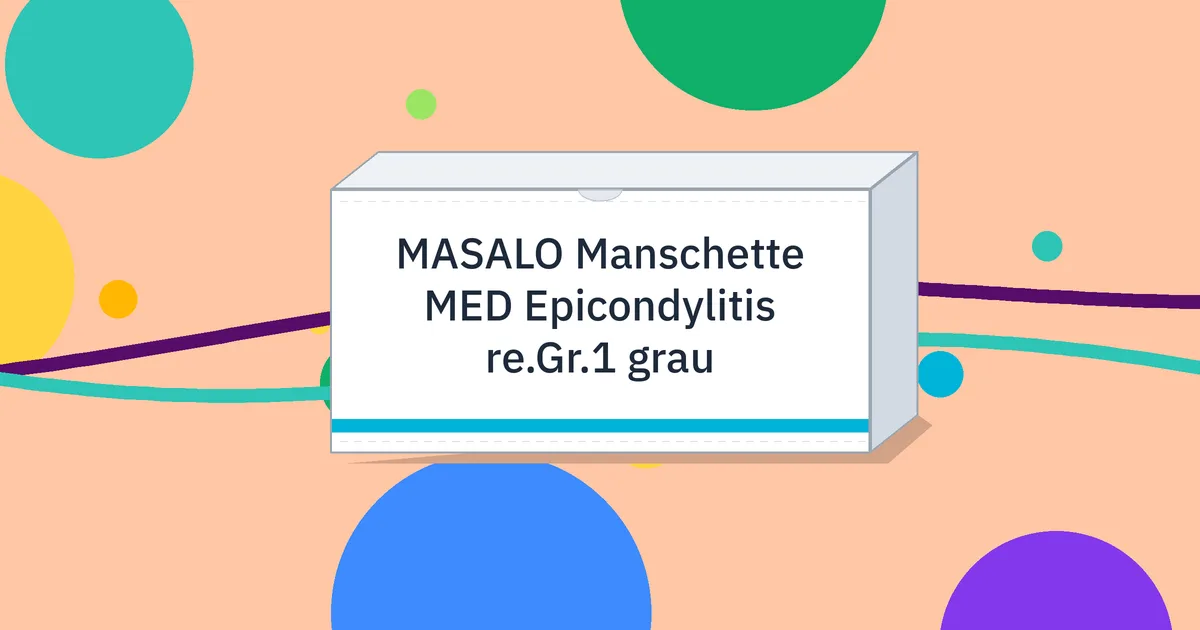 Symbolbild: Packung mit der Aufschrift MASALO Manschette MED Epicondylitis re.Gr.1 grau (PZN 16398329) – Verfügbarkeit und Bezug in Apotheken in Frankfurt am Main
