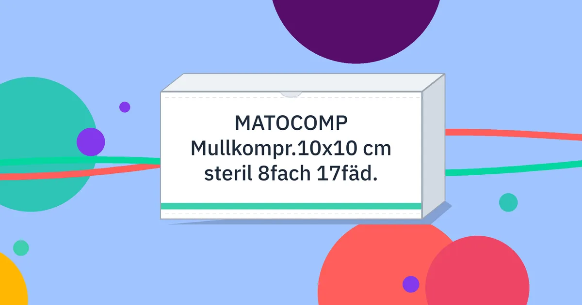 Symbolbild: Packung mit der Aufschrift MATOCOMP Mullkompr.10x10 cm steril 8fach 17fäd. (PZN 16327281) – Verfügbarkeit und Bezug in Apotheken in Frankfurt am Main