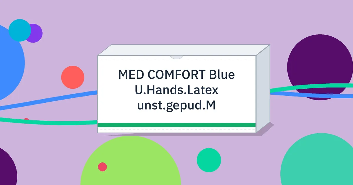 Symbolbild: Packung mit der Aufschrift MED COMFORT Blue U.Hands.Latex unst.gepud.M (PZN 15868419) – Verfügbarkeit und Bezug in Apotheken in Frankfurt am Main