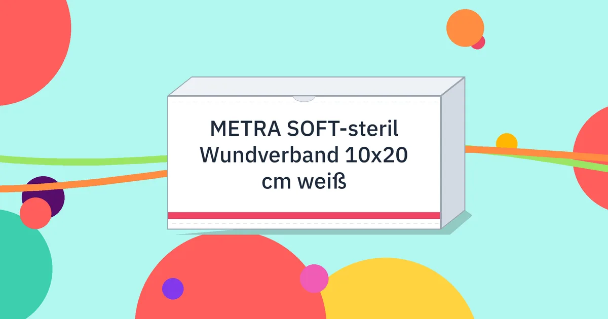 Symbolbild: Packung mit der Aufschrift METRA SOFT-steril Wundverband 10x20 cm weiß (PZN 07784051) – Verfügbarkeit und Bezug in Apotheken in Frankfurt am Main