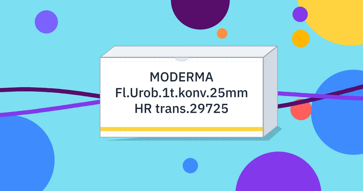 Symbolbild: Packung mit der Aufschrift MODERMA Fl.Urob.1t.konv.25mm HR trans.29725 (PZN 01448725) – Verfügbarkeit und Bezug in Apotheken in Frankfurt am Main