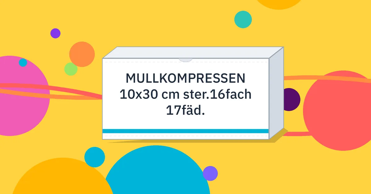 Symbolbild: Packung mit der Aufschrift MULLKOMPRESSEN 10x30 cm ster.16fach 17fäd. (PZN 06931662) – Verfügbarkeit und Bezug in Apotheken in Frankfurt am Main