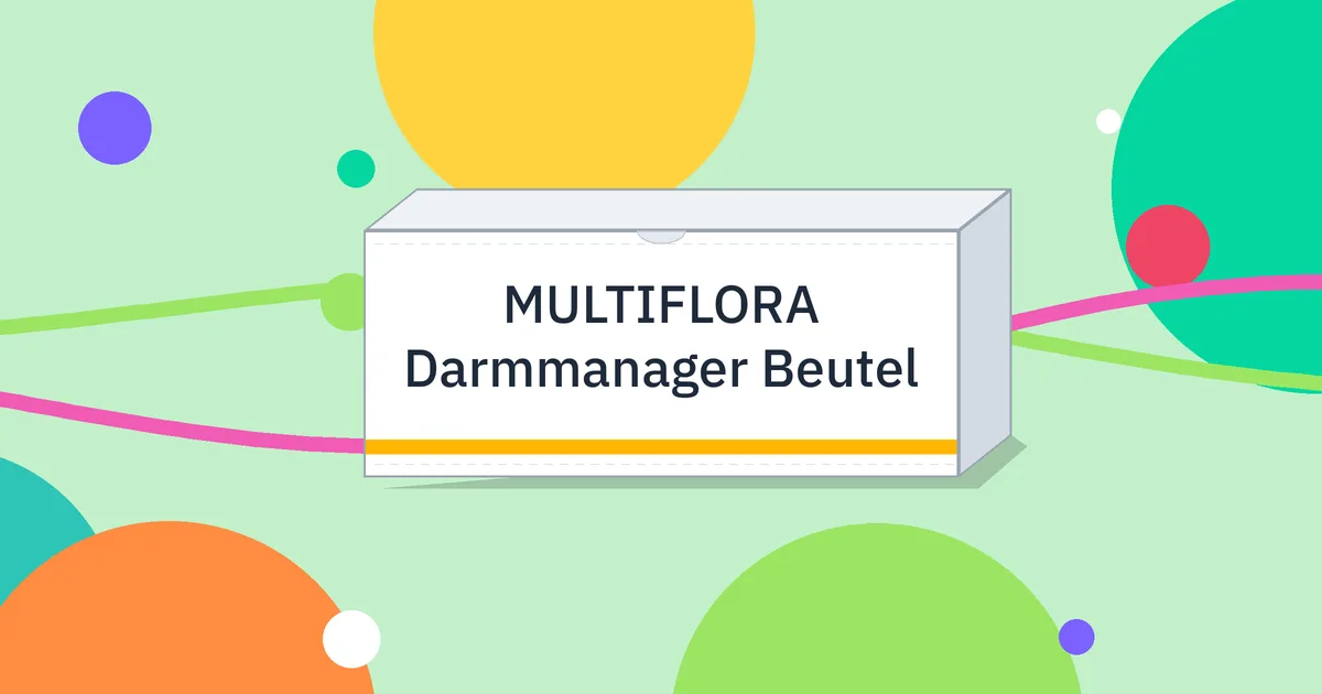 Symbolbild: Packung mit der Aufschrift MULTIFLORA Darmmanager Beutel (PZN 16842586) – Verfügbarkeit und Bezug in Apotheken in Frankfurt am Main
