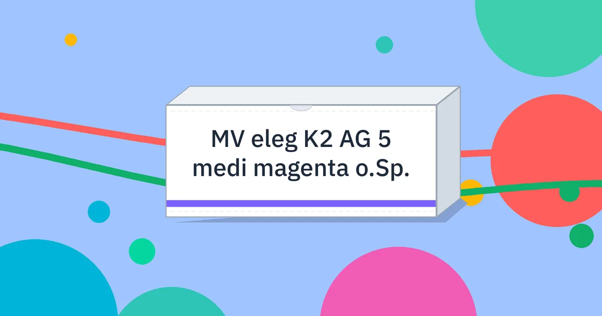 Symbolbild: Packung mit der Aufschrift MV eleg K2 AG 5 medi magenta o.Sp. (PZN 15283044) – Verfügbarkeit und Bezug in Apotheken in Frankfurt am Main