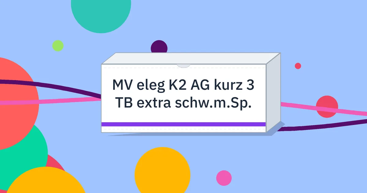 Symbolbild: Packung mit der Aufschrift MV eleg K2 AG kurz 3 TB extra schw.m.Sp. (PZN 09879459) – Verfügbarkeit und Bezug in Apotheken in Frankfurt am Main