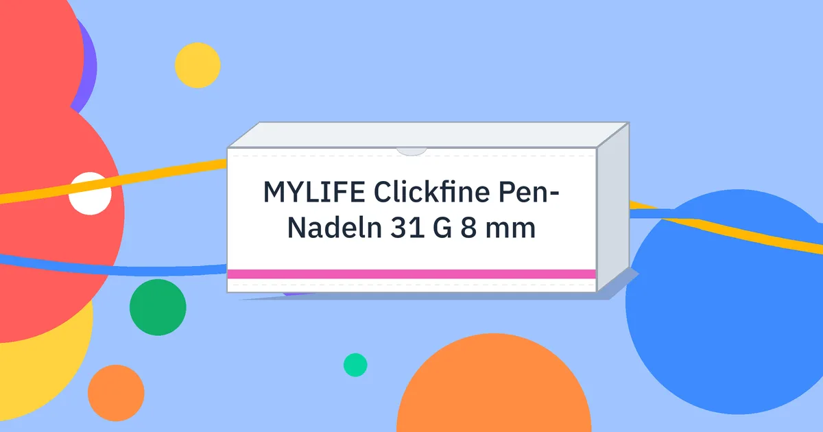 Symbolbild: Packung mit der Aufschrift MYLIFE Clickfine Pen-Nadeln 31 G 8 mm (PZN 05524156) – Verfügbarkeit und Bezug in Apotheken in Frankfurt am Main