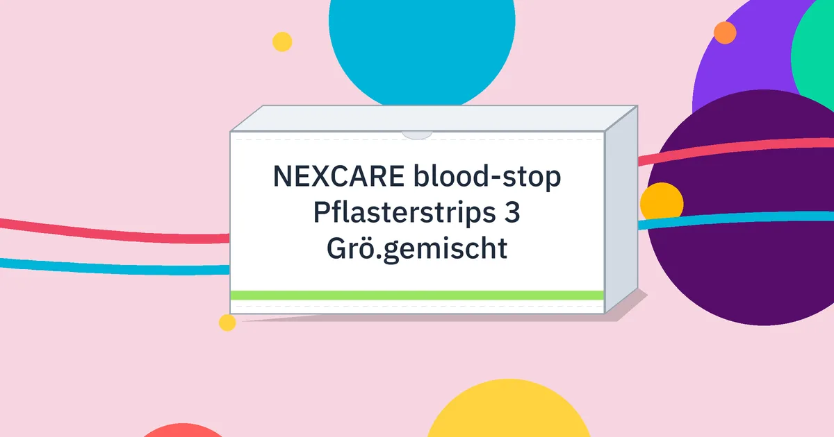 Symbolbild: Packung mit der Aufschrift NEXCARE blood-stop Pflasterstrips 3 Grö.gemischt (PZN 13898853) – Verfügbarkeit und Bezug in Apotheken in Frankfurt am Main