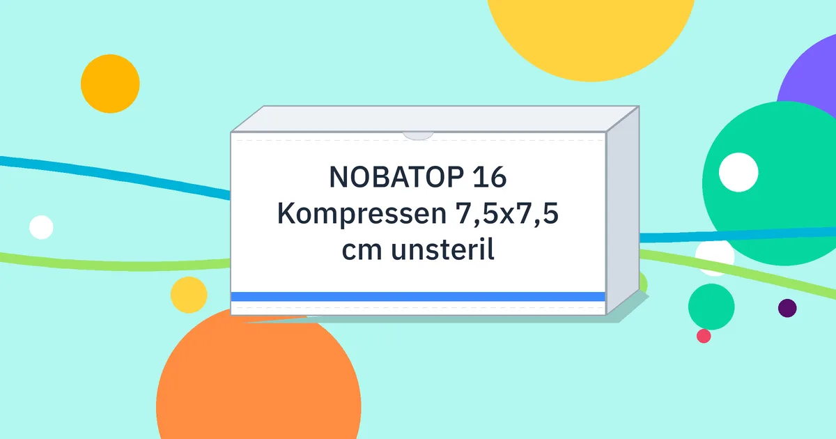 Symbolbild: Packung mit der Aufschrift NOBATOP 16 Kompressen 7,5x7,5 cm unsteril (PZN 07099444) – Verfügbarkeit und Bezug in Apotheken in Frankfurt am Main