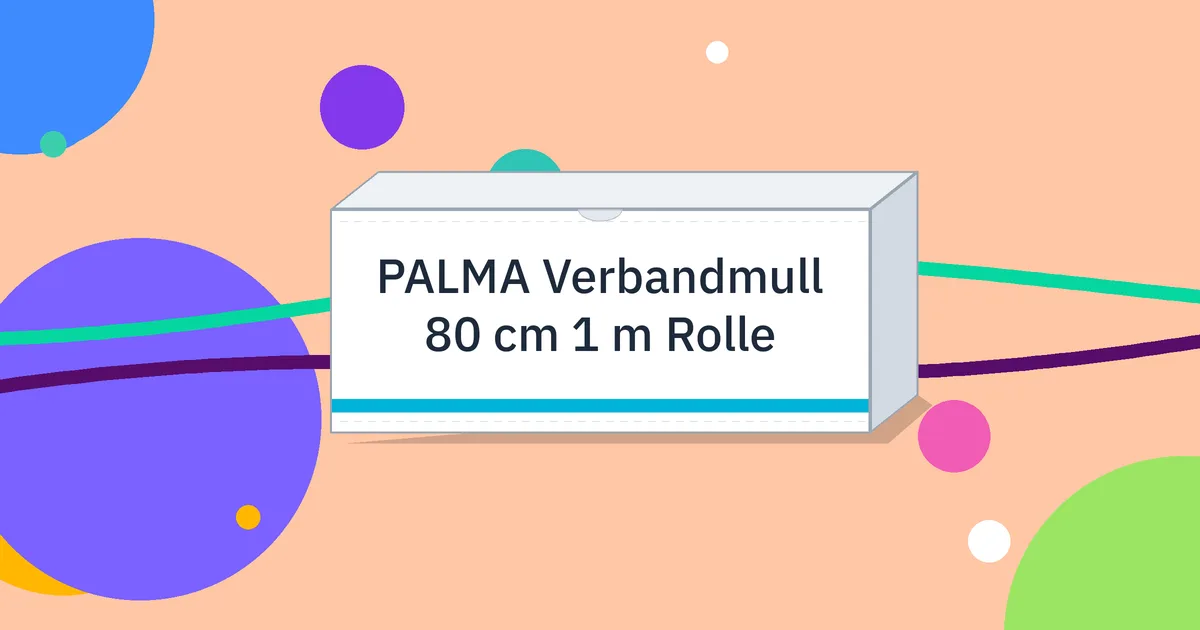 Symbolbild: Packung mit der Aufschrift PALMA Verbandmull 80 cm 1 m Rolle (PZN 03289550) – Verfügbarkeit und Bezug in Apotheken in Frankfurt am Main