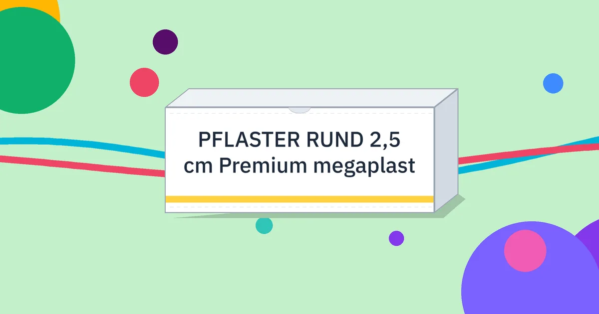 Symbolbild: Packung mit der Aufschrift PFLASTER RUND 2,5 cm Premium megaplast (PZN 16501425) – Verfügbarkeit und Bezug in Apotheken in Frankfurt am Main
