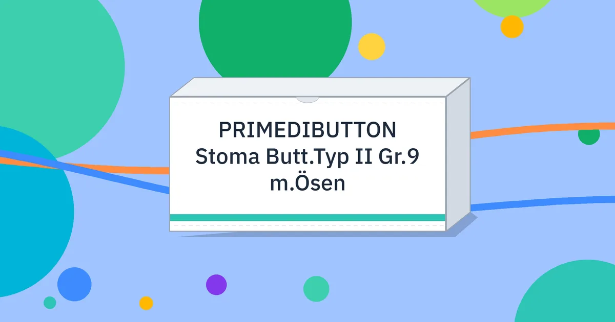Symbolbild: Packung mit der Aufschrift PRIMEDIBUTTON Stoma Butt.Typ II Gr.9 m.Ösen (PZN 10791244) – Verfügbarkeit und Bezug in Apotheken in Frankfurt am Main