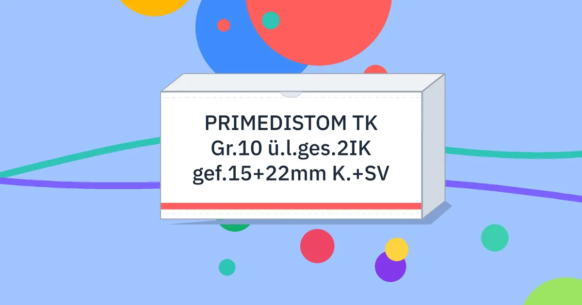 Symbolbild: Packung mit der Aufschrift PRIMEDISTOM TK Gr.10 ü.l.ges.2IK gef.15+22mm K.+SV (PZN 10928499) – Verfügbarkeit und Bezug in Apotheken in Frankfurt am Main