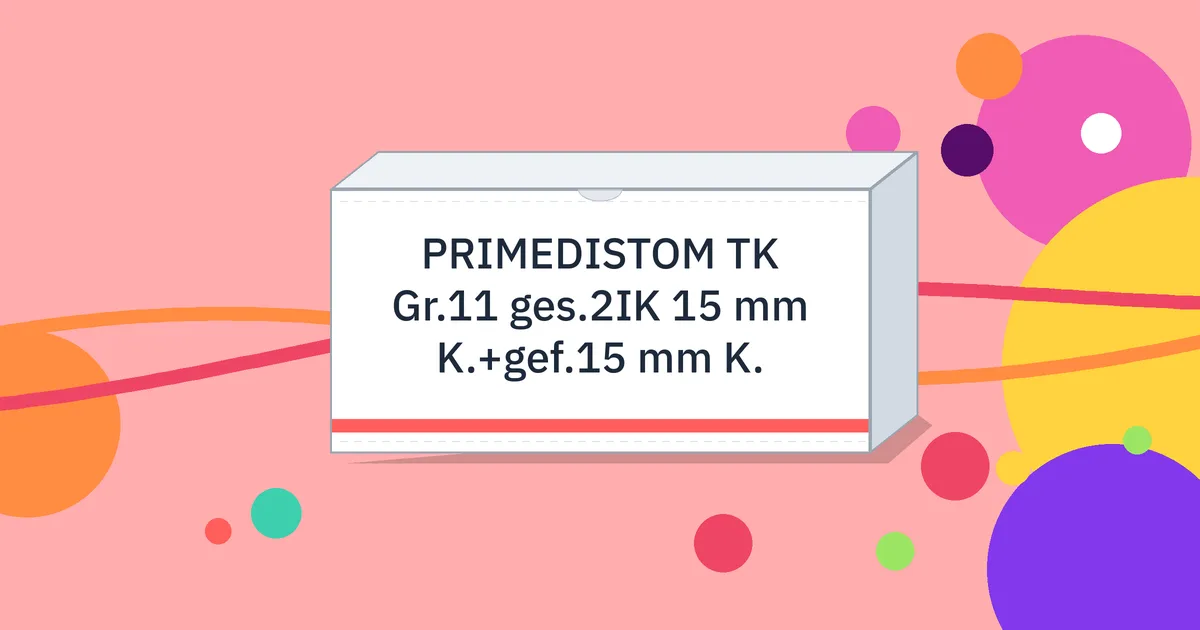 Symbolbild: Packung mit der Aufschrift PRIMEDISTOM TK Gr.11 ges.2IK 15 mm K.+gef.15 mm K. (PZN 10230014) – Verfügbarkeit und Bezug in Apotheken in Frankfurt am Main