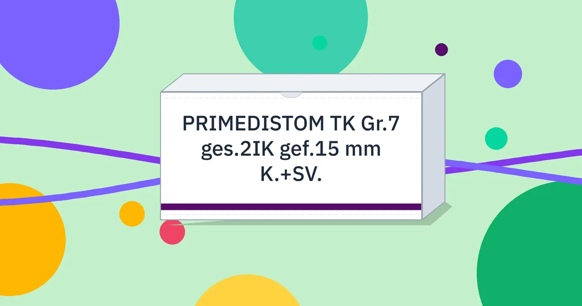Symbolbild: Packung mit der Aufschrift PRIMEDISTOM TK Gr.7 ges.2IK gef.15 mm K.+SV. (PZN 10928246) – Verfügbarkeit und Bezug in Apotheken in Frankfurt am Main