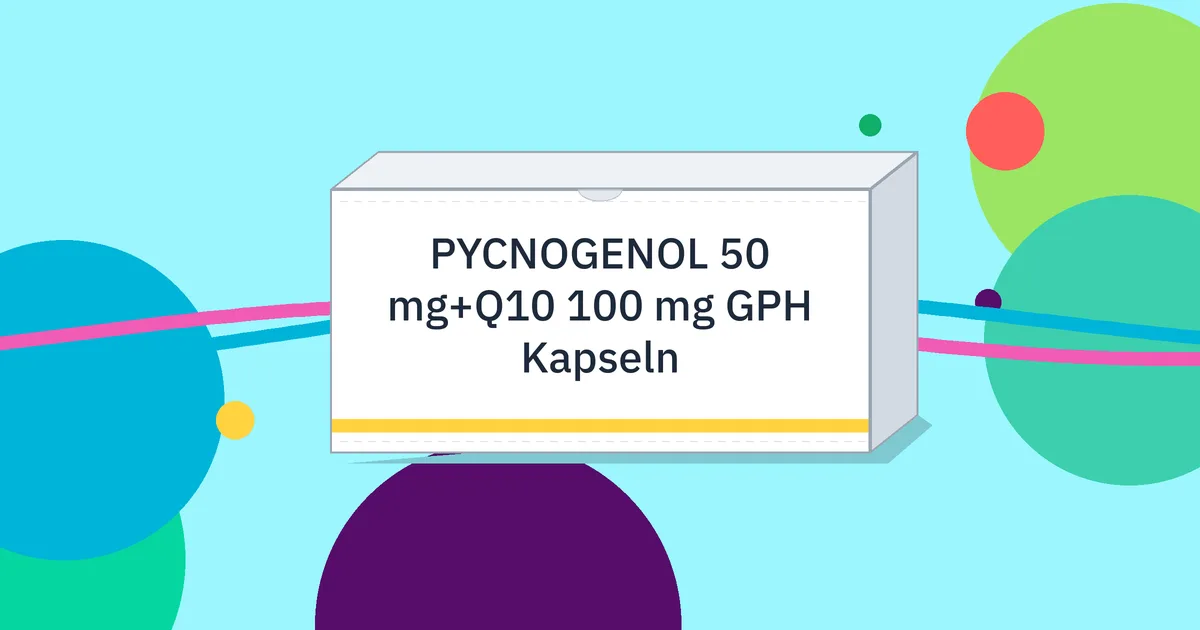 Symbolbild: Packung mit der Aufschrift PYCNOGENOL 50 mg+Q10 100 mg GPH Kapseln (PZN 01161076) – Verfügbarkeit und Bezug in Apotheken in Frankfurt am Main