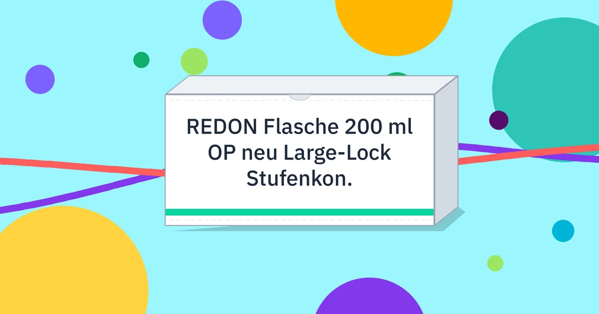 Symbolbild: Packung mit der Aufschrift REDON Flasche 200 ml OP neu Large-Lock Stufenkon. (PZN 18054700) – Verfügbarkeit und Bezug in Apotheken in Frankfurt am Main