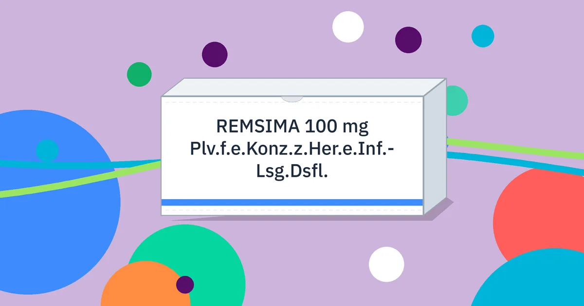 Symbolbild: Packung mit der Aufschrift REMSIMA 100 mg Plv.f.e.Konz.z.Her.e.Inf.-Lsg.Dsfl. (PZN 18163702) – Verfügbarkeit und Bezug in Apotheken in Frankfurt am Main
