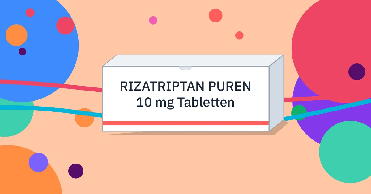 Symbolbild: Packung mit der Aufschrift RIZATRIPTAN PUREN 10 mg Tabletten (PZN 14299126) – Verfügbarkeit und Bezug in Apotheken in Frankfurt am Main