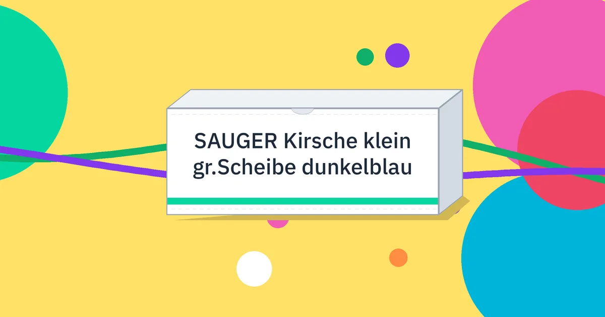Symbolbild: Packung mit der Aufschrift SAUGER Kirsche klein gr.Scheibe dunkelblau (PZN 08542723) – Verfügbarkeit und Bezug in Apotheken in Frankfurt am Main