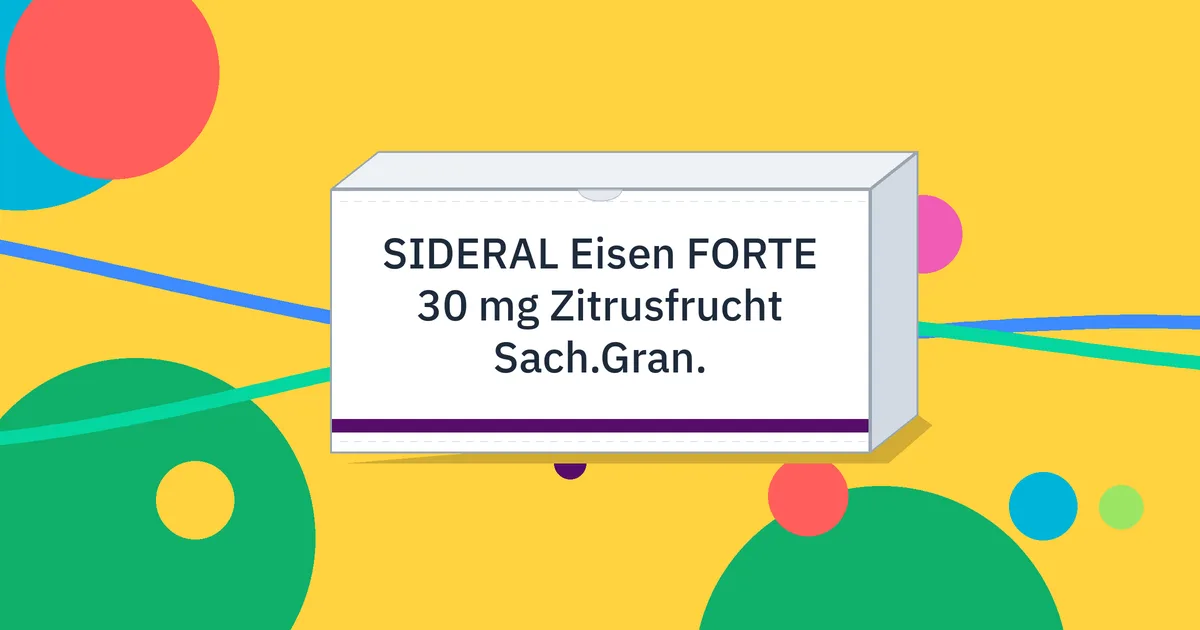 Symbolbild: Packung mit der Aufschrift SIDERAL Eisen FORTE 30 mg Zitrusfrucht Sach.Gran. (PZN 17543650) – Verfügbarkeit und Bezug in Apotheken in Frankfurt am Main