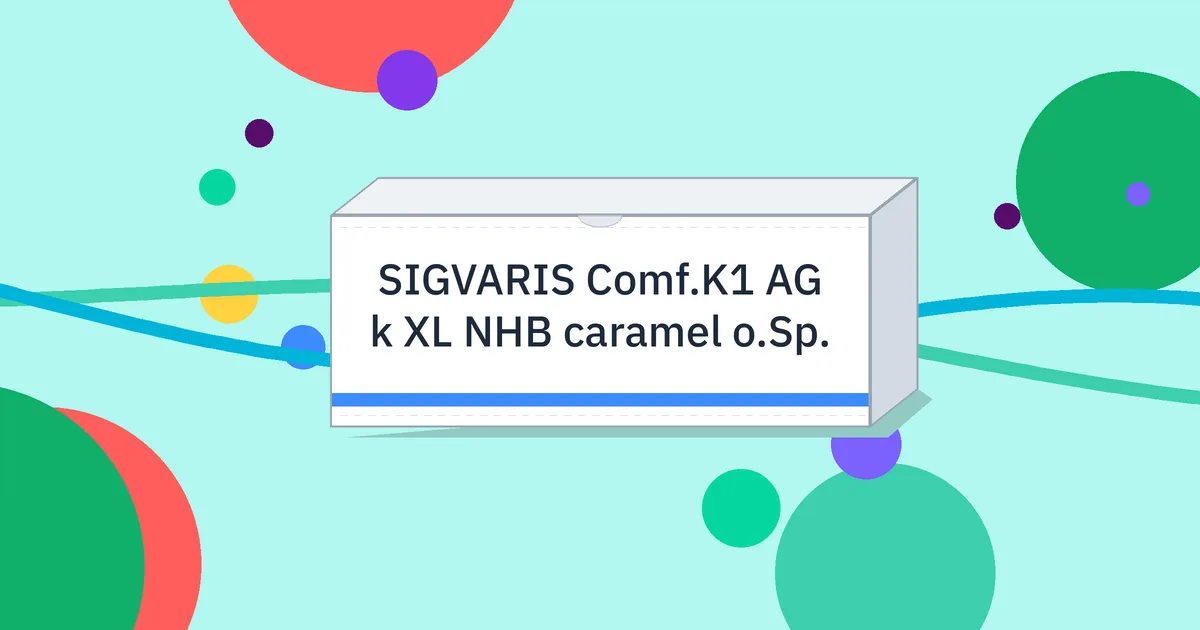Symbolbild: Packung mit der Aufschrift SIGVARIS Comf.K1 AG k XL NHB caramel o.Sp. (PZN 17097009) – Verfügbarkeit und Bezug in Apotheken in Frankfurt am Main