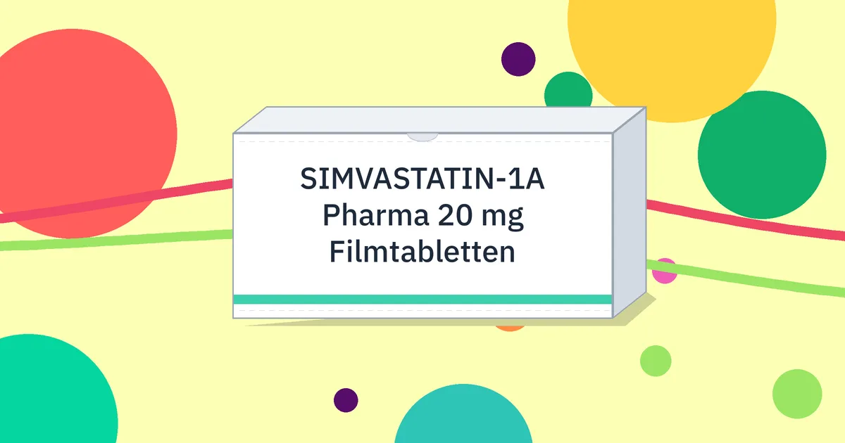 Symbolbild: Packung mit der Aufschrift SIMVASTATIN-1A Pharma 20 mg Filmtabletten (PZN 01970060) – Verfügbarkeit und Bezug in Apotheken in Frankfurt am Main