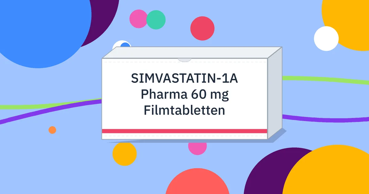 Symbolbild: Packung mit der Aufschrift SIMVASTATIN-1A Pharma 60 mg Filmtabletten (PZN 06338378) – Verfügbarkeit und Bezug in Apotheken in Frankfurt am Main