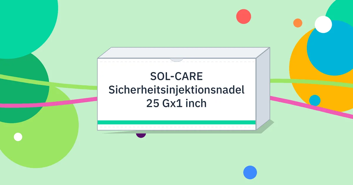 Symbolbild: Packung mit der Aufschrift SOL-CARE Sicherheitsinjektionsnadel 25 Gx1 inch (PZN 17611363) – Verfügbarkeit und Bezug in Apotheken in Frankfurt am Main