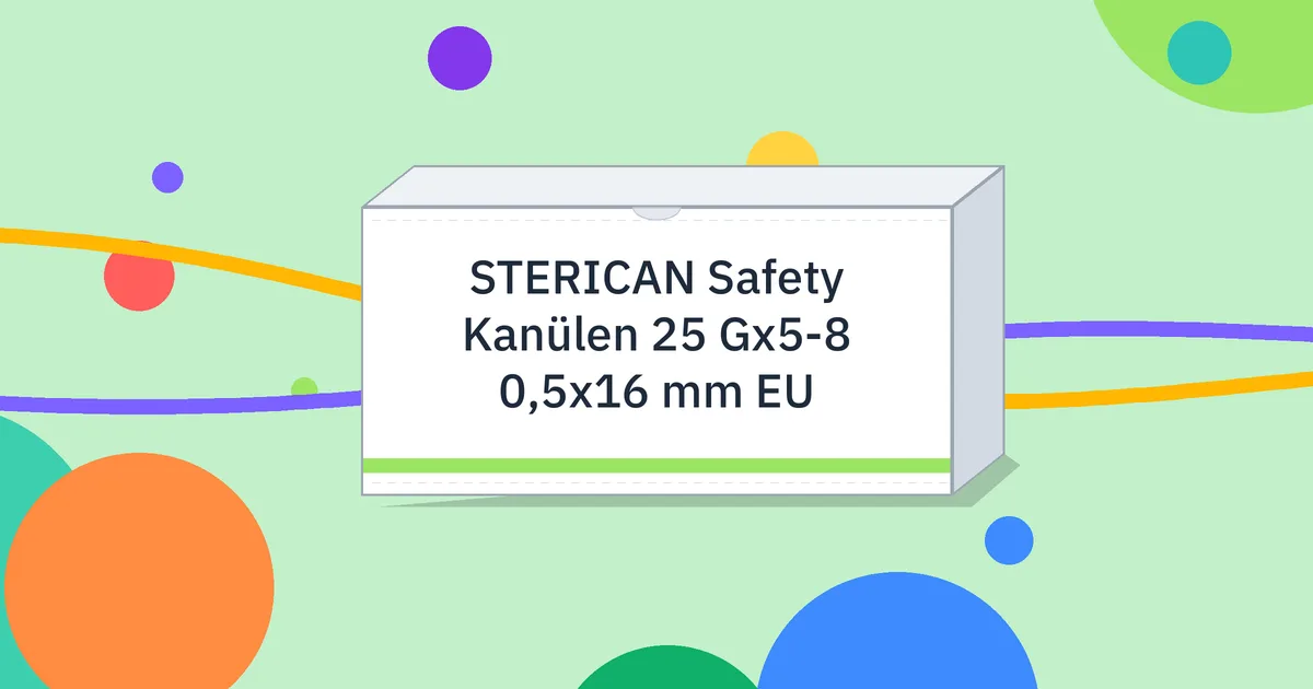 Symbolbild: Packung mit der Aufschrift STERICAN Safety Kanülen 25 Gx5-8 0,5x16 mm EU (PZN 13353757) – Verfügbarkeit und Bezug in Apotheken in Frankfurt am Main