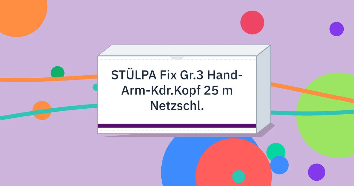 Symbolbild: Packung mit der Aufschrift STÜLPA Fix Gr.3 Hand-Arm-Kdr.Kopf 25 m Netzschl. (PZN 20691489) – Verfügbarkeit und Bezug in Apotheken in Frankfurt am Main