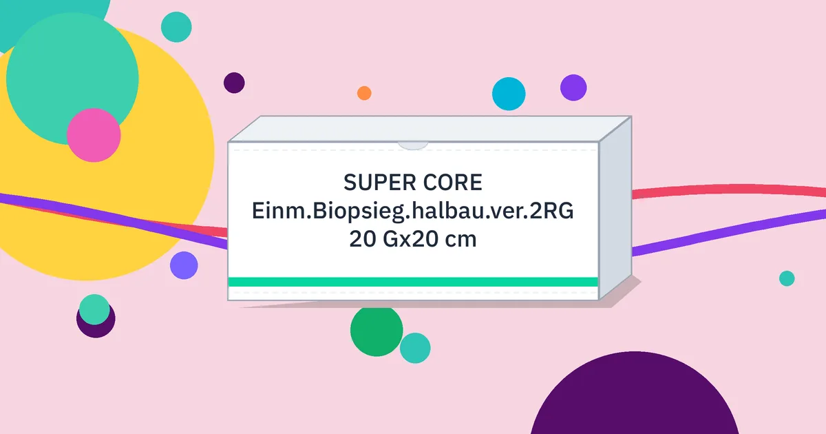 Symbolbild: Packung mit der Aufschrift SUPER CORE Einm.Biopsieg.halbau.ver.2RG 20 Gx20 cm (PZN 07104033) – Verfügbarkeit und Bezug in Apotheken in Frankfurt am Main