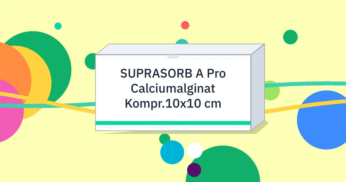 Symbolbild: Packung mit der Aufschrift SUPRASORB A Pro Calciumalginat Kompr.10x10 cm (PZN 18323063) – Verfügbarkeit und Bezug in Apotheken in Frankfurt am Main