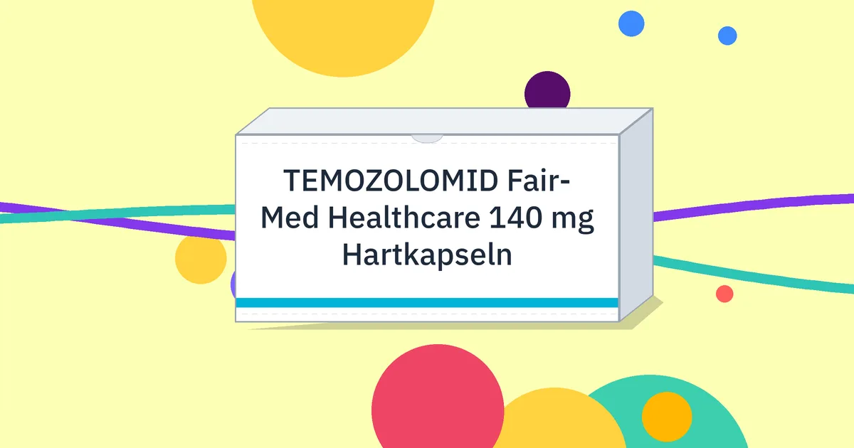 Symbolbild: Packung mit der Aufschrift TEMOZOLOMID Fair-Med Healthcare 140 mg Hartkapseln (PZN 10097503) – Verfügbarkeit und Bezug in Apotheken in Frankfurt am Main